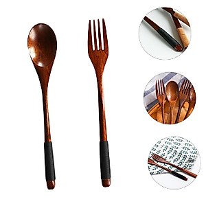 HOMSFOU 4pcs Japanese Wooden Handle Fork and Spoon Wood Soup Wood Cake Forks Stainless Steel Flatware Wooden Forks and Antique Flatware Wooden Tableware Kits Travel Salad Solid Wood