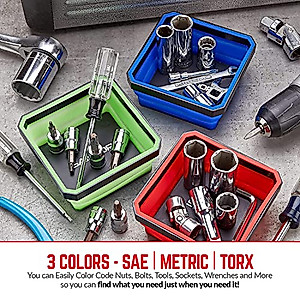Collapsible Magnetic Parts Tray Set - (Pack of 3) Tool Trays for Screw, Bolts, Nuts, Washers, Pins and Other Small Metal Parts - 4.25 Inch Square - Red, Blue, and Green