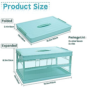 2Pcs Foldable Plastic Storage Box With Lid, DSVENROLY Upgrade Multifunction Transparent Collapsible Storage Bins, Stackable Clear Latch Storage Box with Handle, Folding Plastic Containers (Light Blue)