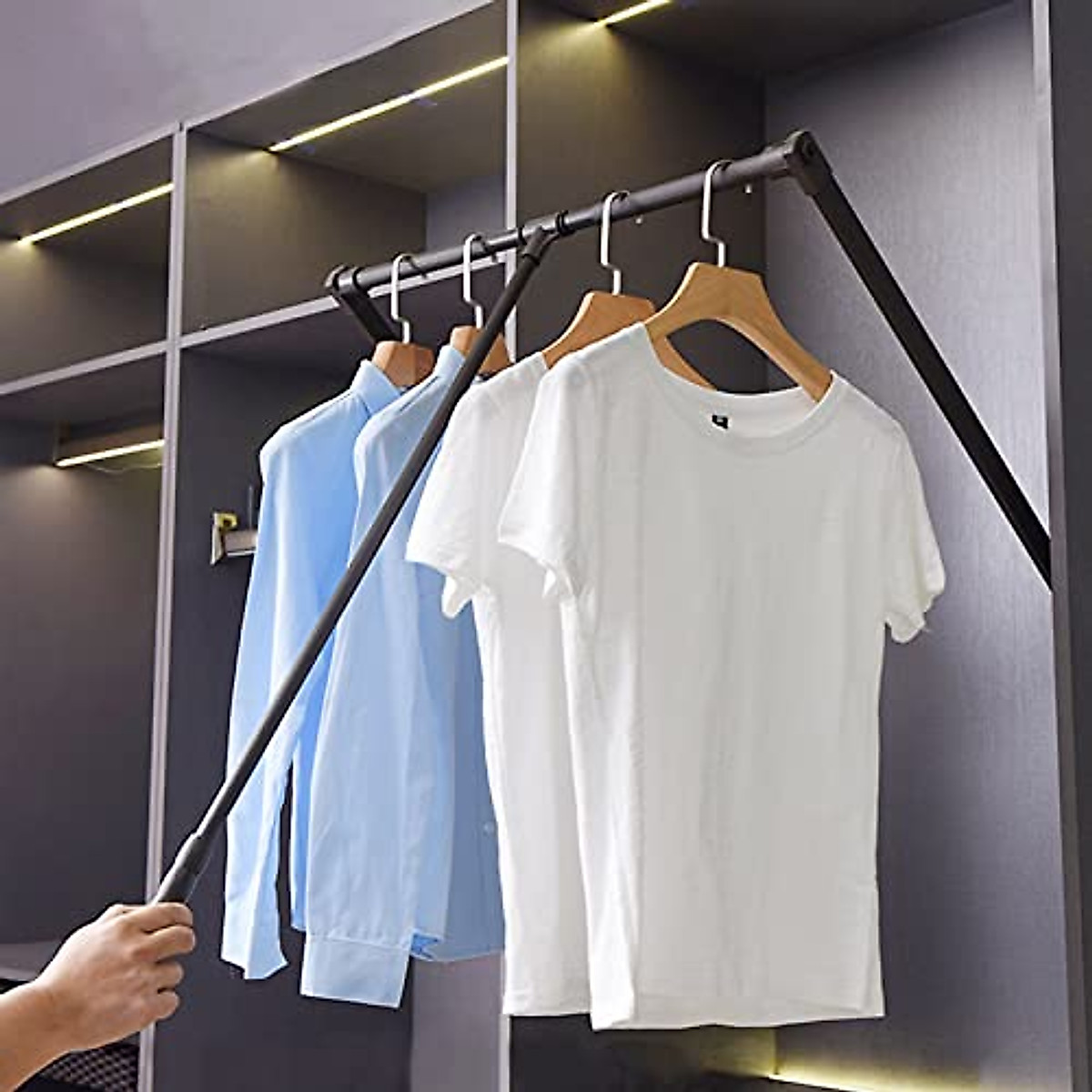 mellifuous Pull Down Closet Rod Adjustable Extender Closet Hanging Rod, 30 lbs Load Capacity Closet Bar for Hanging Clothes, Wardrobe Lift Saving Space Aluminium Rod Automatic Rebound (26''-35'')