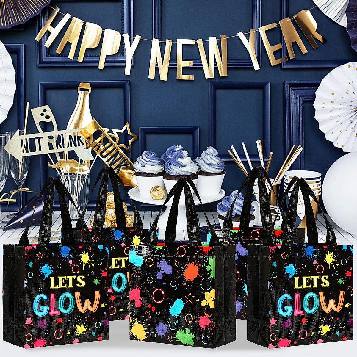 Latwerd 24Pack Glow in the Dark Party Gift Bag Canvas Bag Eco-friendly Reusable Shopping Bag Candy Gift Bag Suitable for Birthday Party Gift Storage Bag