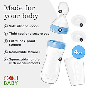 Goji Baby - 4 oz Silicone Baby Food Dispensing Spoon - 4 Pack - Great for 4+ Month Infants - Includes Stopper - Easy to Use and Mess-Free - Precise Food-Release Feeder - Great for Travel (Blue)