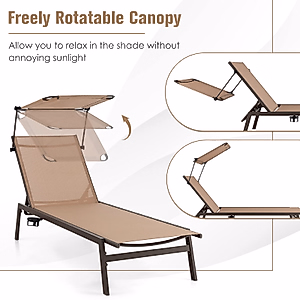 Tangkula Patio Chaise Lounge Chair, Outdoor Recliner with Adjustable Canopy & Cup Holder, 6-Level Backrest, Heavy-Duty Metal Reclining Lounger for Poolside, Backyard (1, Brown)