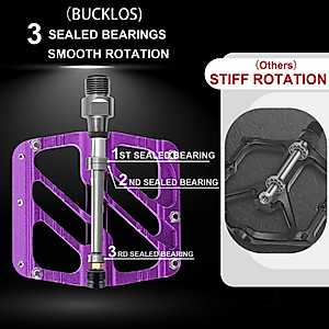 BUCKLOS MTB Flat Pedals Mountain Bike Pedals, 3 Bearings CNC Adult Road Bike Pedals, Bicycle Platform Aluminum Alloy Non-Slip Pedal for Gravel Bike/BMX 9/16"(Purple)