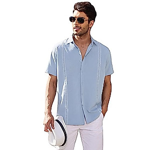 COOFANDY Men's Short Sleeve Guayabera Shirts Linen Cuban Camp Shirt~ Light Blue