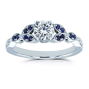 Kobelli Round Moissanite with Blue Sapphire Accents Leafy Engagement Ring 5/8 CTW 14k White Gold (GH/VS, GH/I), 5