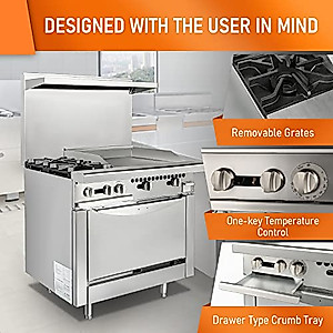 HOCCOT 36” Gas Range Stove with 2 Burners and 24” Griddle Cooktop, Freestanding Commercial Natural Gas Restaurant Range Stainless Steel w/Standard Oven & Cast Iron Grate, 135,000 BTU Total