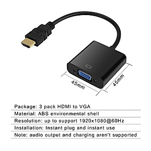 HONGDE HDMI to VGA, Gold-Plated HDMI to VGA Adapter (Male to Female) for Computer, Desktop, Laptop, PC, Monitor, Projector, HDTV, Chromebook, Raspberry Pi, Roku, Xbox and More - Black，3 Pack