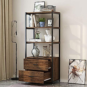 Tribesigns Bookcase, 4-Tier Rustic Bookshelf with 2 Drawers, Etagere Standard Book Shelves Display Shelf for Home Office
