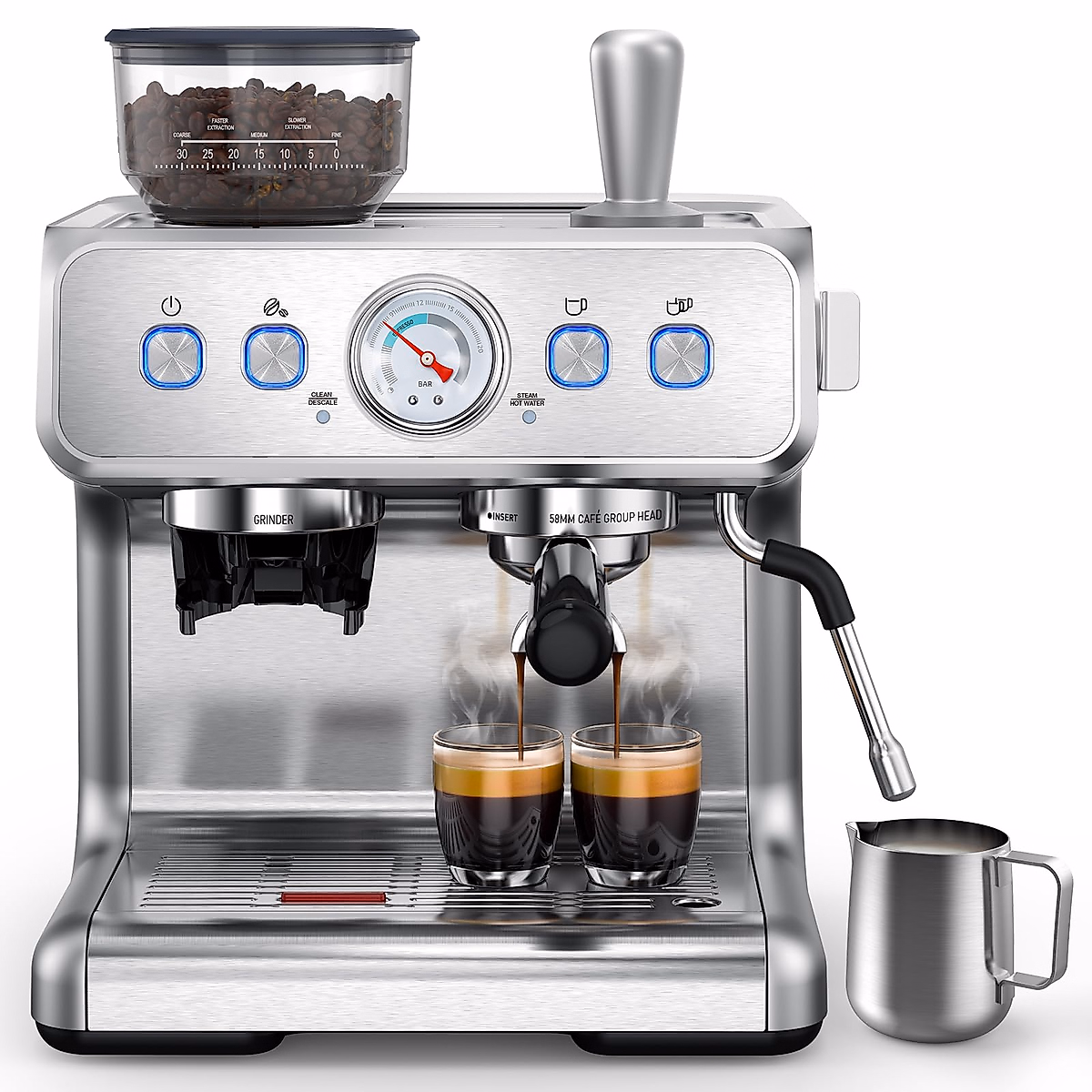 COWSAR Espresso Machine 15 Bar, Semi-Automatic Espresso Maker with Bean Grinder and Milk Frother Steam Wand, 75 Oz Removable Water Tank for Cappuccino, Latte, Stainless Steel