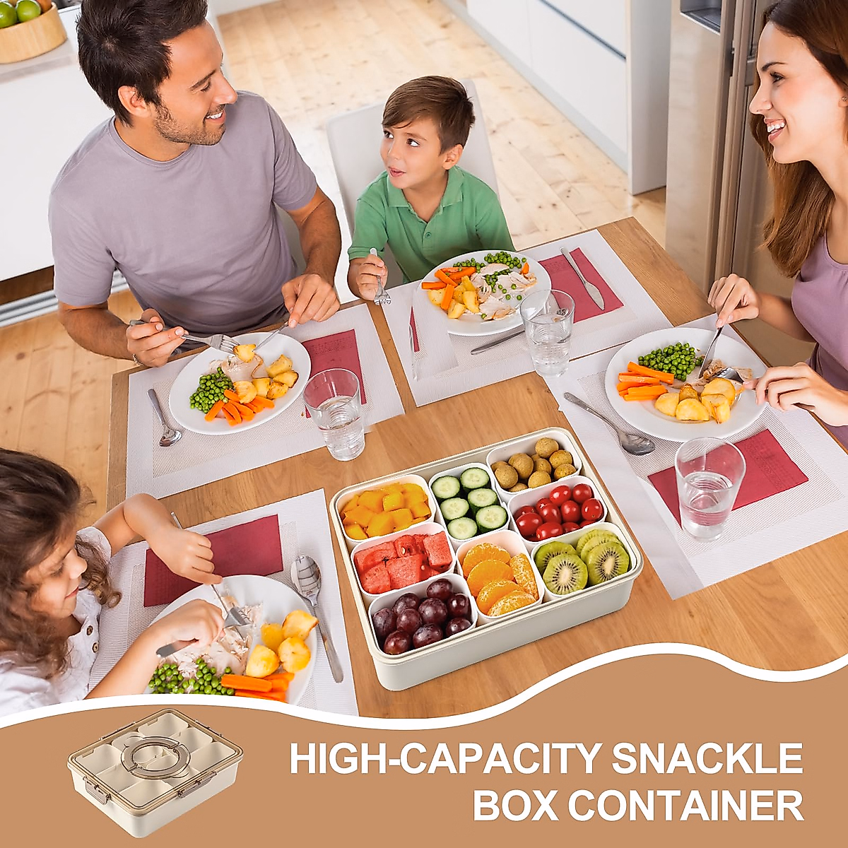 Platters-Snackle Box Charcuterie Container,Divided Serving Tray with Lid and Handle for Fridge,Snack Box Container Portable,8 Compartment Fruits Candy Veggie Trays,Perfect for Party Travel Picnic