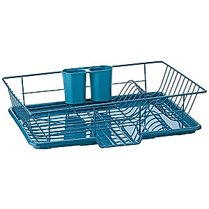 Sweet Home Collection 3 Piece Dish Drainer Rack Set with Drying Board and Utensil Holder, 12" x 19" x 5", Teal