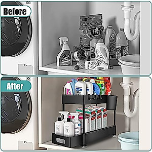 Under Sink Organizer, 2 Tier Bathroom Organizer Under Sink with Hooks, Hanging Cup, Under Kitchen Sink Organizer and Storage, Under Sink Slide-out Drawer Organizer Black