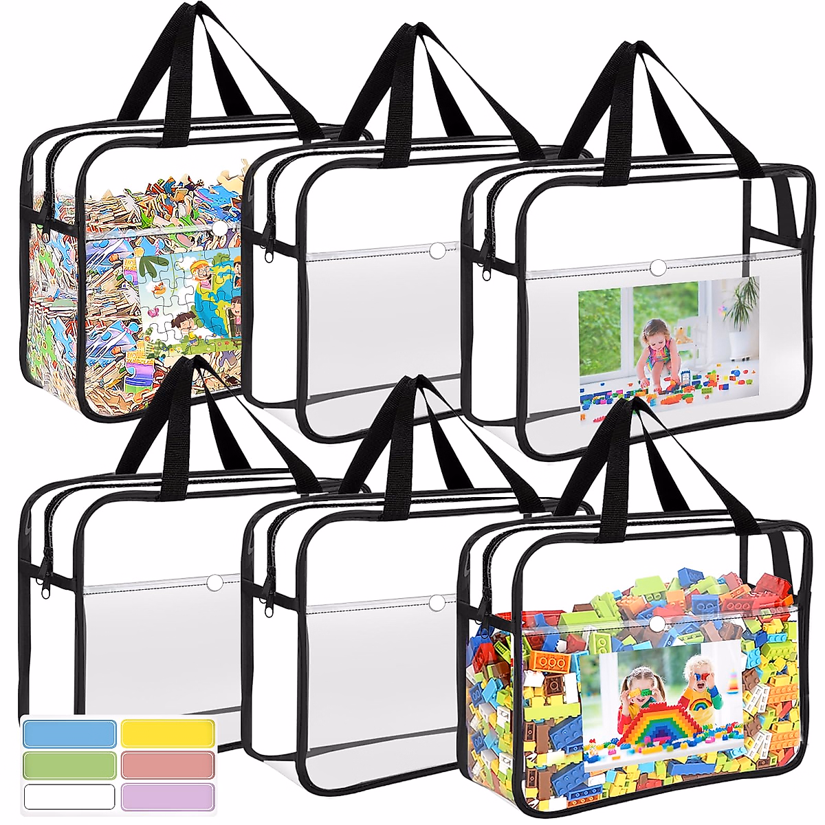 OPELETNNT 6 Packs Large Toy Storage Bags with Pockets, Reusable Clear PVC Board Game Storage with Labels, Travel Waterproof Organizer Bags Double Zipper for Building Blocks, Puzzle, Kids Books