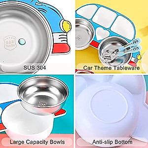 Divided Plate and Bowl Set,BPA Free Meal Snack Plate,Dinnerware Eating Supplies Kitchen Utensils,6 Pieces with Spoon Fork and Lid,Car-shaped by lrrjhtac, Blue