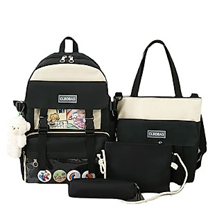 Zhousanjian Fashion Cute Kawaii Backpack 4Pcs Canvas Backpack Give away bear pendant Pencil Pouch Shoulder Bag Lunch Bag for Girls Boys (Black) …