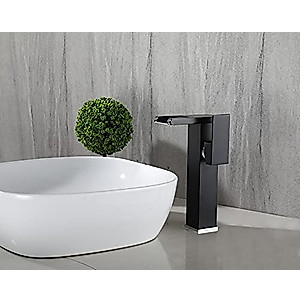 Black Bathroom Vessel Faucet Led Light 3 Color Changing Waterfall Single Handle One Hole Bowl Sink Faucet Vanity Lavatory Deck Mount Mixer Tap Tall with Pop Up Drain Without Overflow and Supply Lines