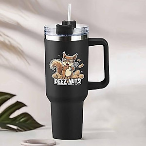 LB LEOBON 40 ounce insulated cup with handle, double-layer vacuum stainless steel material, equipped with straw, can keep warm or maintain cold drinks Cartoon,Cartoon,Digital Illustration, black