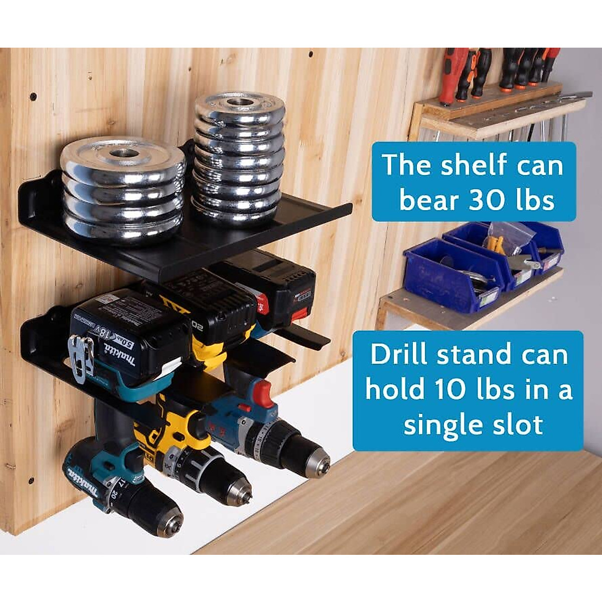 Salade Power Tool Organizer，That 3 Cordless Drills and its Chargers Can be Storaged，Drill Holder Can be Wall Mounted