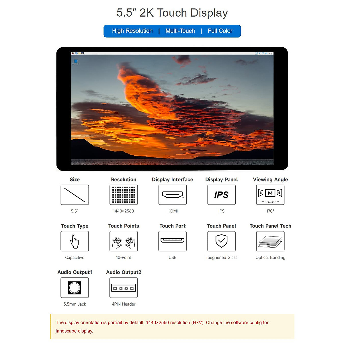 waveshare 5.5inch 2K Capacitive Touch LCD Display Compatible with Raspberry Pi 5/4B/3B+/Pi 3B/Zero 2w/Zero w and CM4 Supports Windows 11/10/8.1/8/7