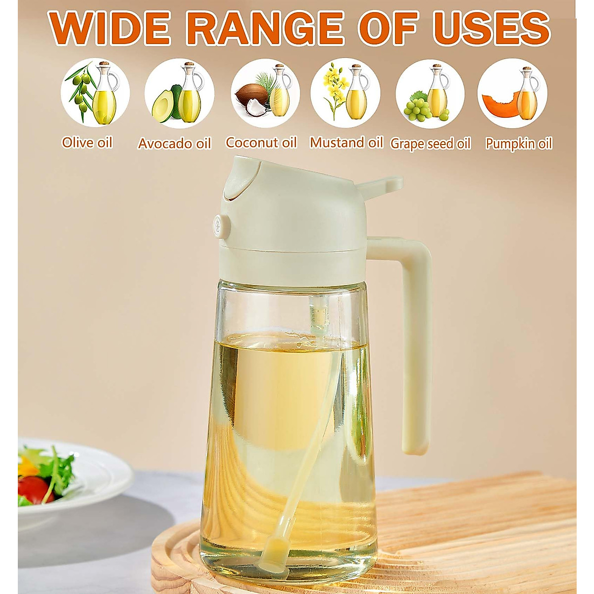 JULEHUI Oil Dispenser Bottle for Kitchen - 16oz Olive Oil Sprayer for Cooking - Food Grade Refillable Glass Oil Spray