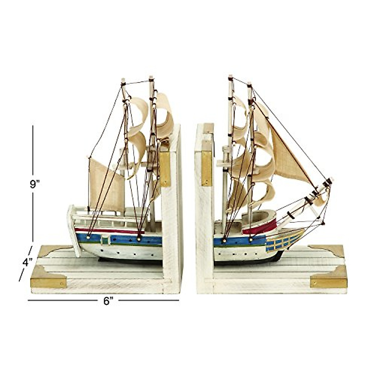 Deco 79 Wood Sail Boat Bookends with Real Boat Rigging, Set of 2 6"W, 9"H, White