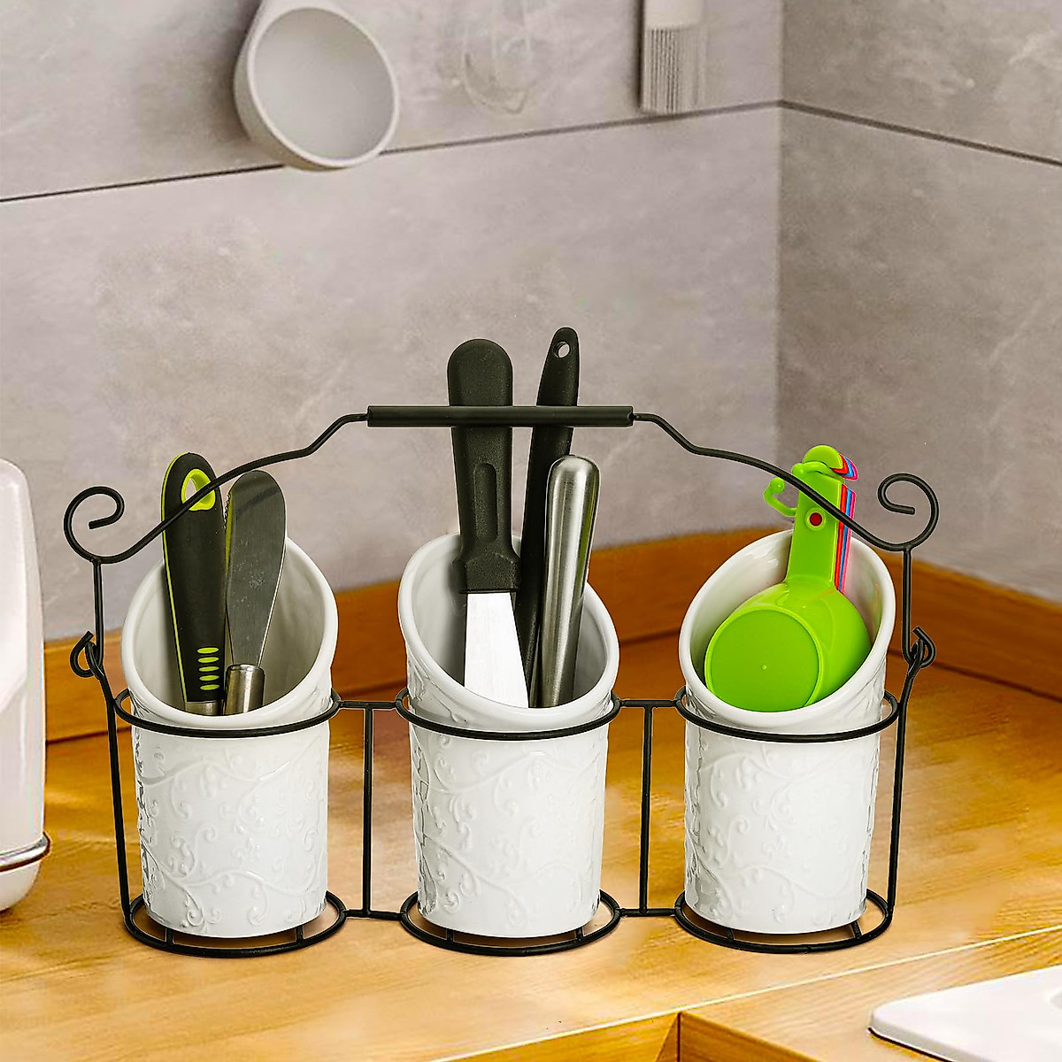 Nicunom Set of 3 Ceramic Flatware Caddy with Metal Rack, Embossed Design Kitchen Utensil Holder Silverware Organizer Cutlery Holder Kitchen Tool Crock for Countertop Decor and Organization