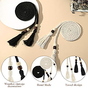TIESOME 2 PCS Women's Skinny Tassel Waist Belt with Wooden Beads, Black + White Thin Woven Waist Rope Belt for Women Girls Godness Boho Braided Waist Belt Rope Chain for Thin Dresses Skirts Tunics