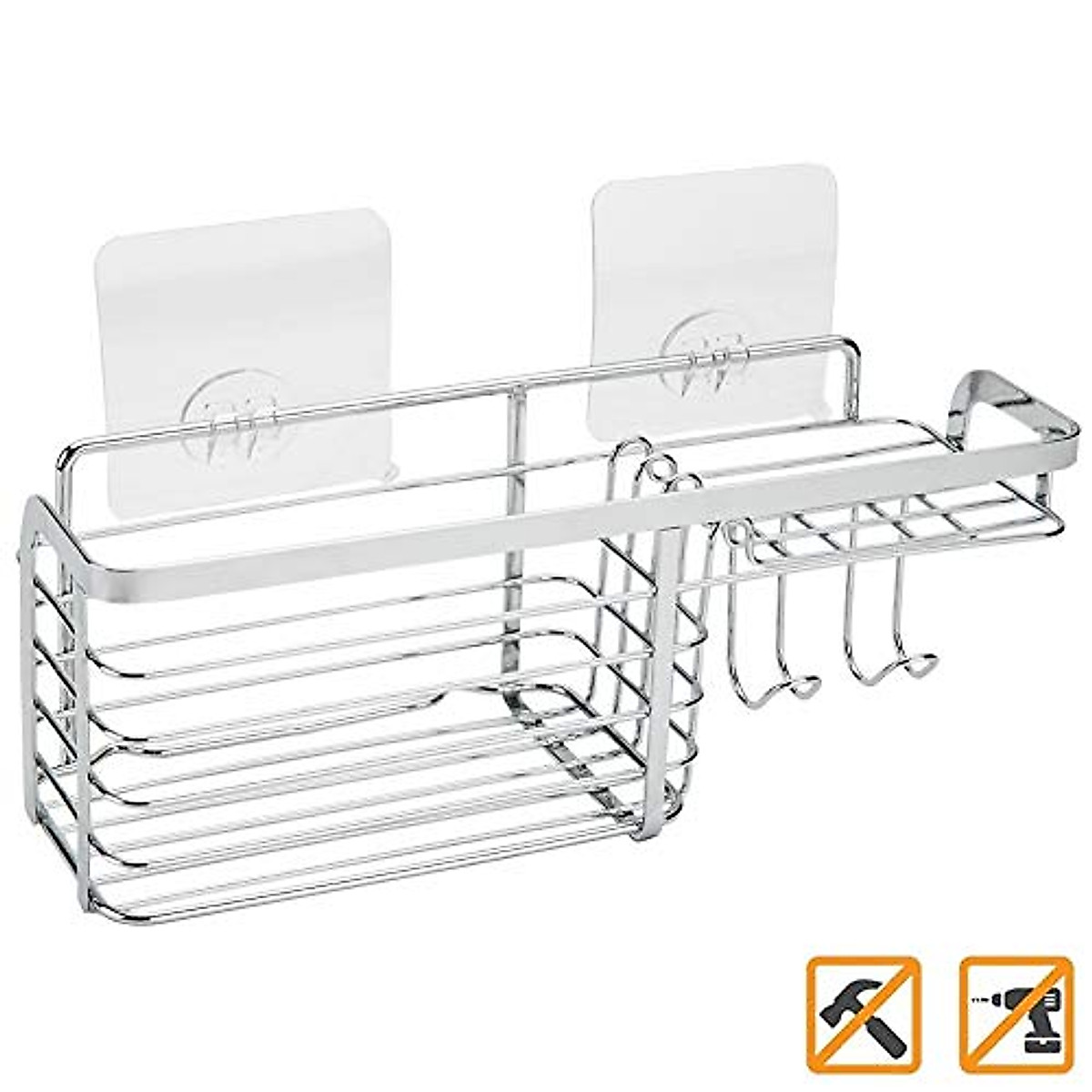 Joyfamy Rustproof Hanging Shower Caddy with Hooks, Wall Mounted Adhesive Bathroom Shower Shelf Storage Organizer Basket, No Drilling Stainless Steel Soap Sponge Shampoo Conditioner Holder Kitchen Rack