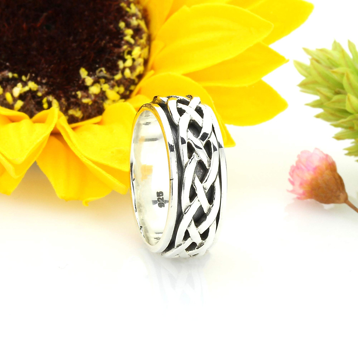 Double Accent Sterling Silver Wedding & Engagement Ring Celtic Design Spinner Wedding Band 8mm (Size 4 to 14) Size 6