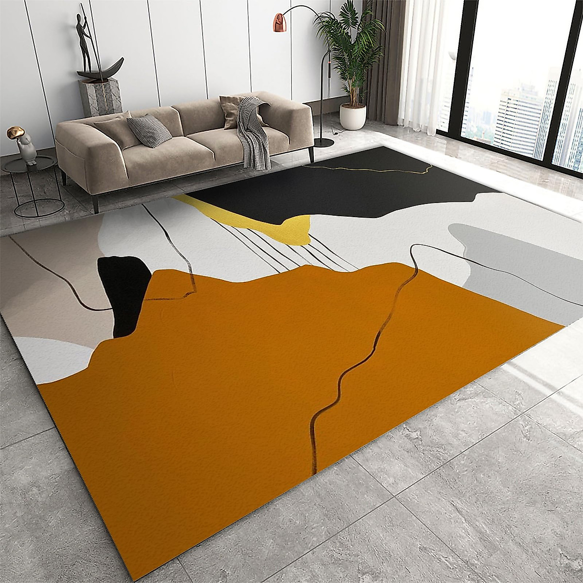 Abstract Orange White Gray Painting Area Rug, Nordic Retro Simplicity Rugs for Living Room, Low Pile Machine Washable Non-Slip Carpet for Room Sofa Home Decor Floor Mat - 4 ft x 5 ft