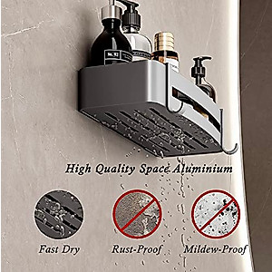 Shower Caddy - No-Drill Aluminum Bathroom & Home Decor Shelf, Wall Mounted Dual Corner Shelf with Hooks - Rustproof Stainless Steel In Matte Black Finish - Adhesive Bathroom Shower Caddy.