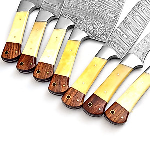 Professional Handmade Damascus Kitchen Chef Knife Set with Bone handle and Damascus Steel Blade, Kitchen Knife set with Leather Roll Bag (1064)