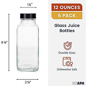 Ilyapa Glass Juice Bottles for Juicing, 12oz Glass Drinking Bottles with Lids, 12 oz Glass Bottles with Caps, 12 Ounce Glass Bottle with Lid for Juice, Milk, Coffee, Tea, Kombucha, Water - Pack of 6