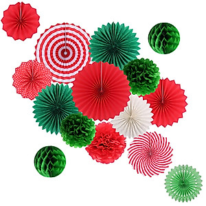Hanging Party Decorations Set Tissue Paper Fan Paper Pom Poms Flowers and Honeycomb Ball for Christmas Wedding Engagement Graduation Party Decor Green Red Kit