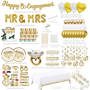 gold engagement party decorations - (Total 90pcs) Glitter happy Engaged Banner, MR and MRS Balloons, Hanging Swirl,balloons, Ring Balloons for Wedding Engagement Party Decor