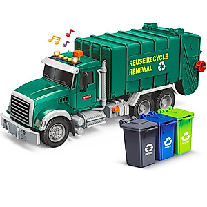MOBIUS Toys Garbage Truck Toy – Recycling Vehicle for Boys with 3 Garbage Cans + 48 Flash Cards – Push & Go, Lights & Sounds – Multi-Functional Trash Truck w/Moving Parts for Ages 3-8