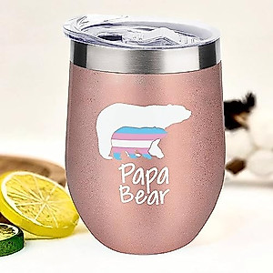 Mighun Papa Bear Bisexual Lesbian Wine Tumbler with Lid, Pansexual Bisexual LGBTQ Vacuum Coffee Tumbler, Gay Pride Stemless Insulated Wine Glasses Cup for Champaign, Cocktail, Beer