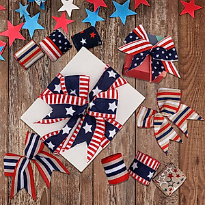6 Rolls Patriotic Burlap Ribbon Star Stripe Wired Edge Ribbons USA Flag Red White Blue Decorative Ribbon for 4th of July Independence Day Farmhouse Decor Gift Wrapping DIY Crafts, 2.5” x 5 Yards