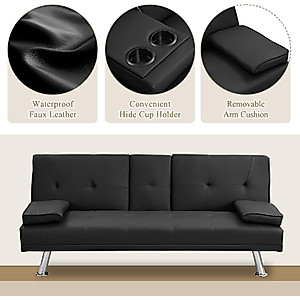 Anwickmak Convertible Futon Sofa Bed,PU Leather Modern Couch Loveseat Sleeper, Folding Daybed Guest Bed, Removable Armrests, 2 Cup Holders, Metal Legs (Black)