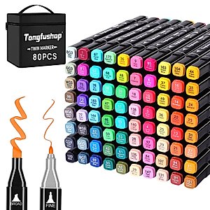 Tongfushop 80 Colors Alcohol Markers, Double Tip Blender Art Drawing Markers Set, Professional Permanent Sketch Markers for Artist Adult Coloring Illustrations with Organizing Case, Pad
