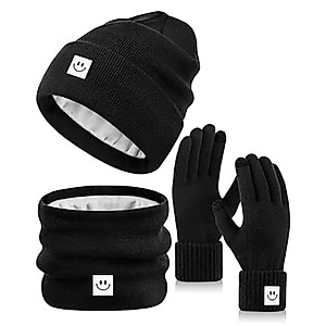 Winter Smiley Face Beanie Hat Scarf Gloves Set for Women Men, Mens Winter Cute Hat Fashionable Warm Scarfs Neck Warmer Touchscreen Gloves Sets for Cold Weather