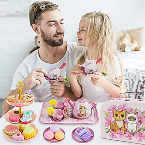 Fudragtn Tea Party Set for Little Girls, 50Pcs Kitchen Pretend Play Tea Set for Toddlers 3-6, Cat Princess Tea Time Toy with Tin Tea Set, Desserts, Cake & Carrying Case, Birthday Gift for Kids Girls