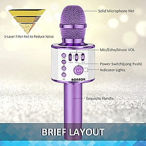 BONAOK Wireless Bluetooth Karaoke Microphone, 3-in-1 Portable Handheld Mic Speaker Machine for All Smartphones, for Girls Boys Kids Adults All Age Q37(Light Purple)