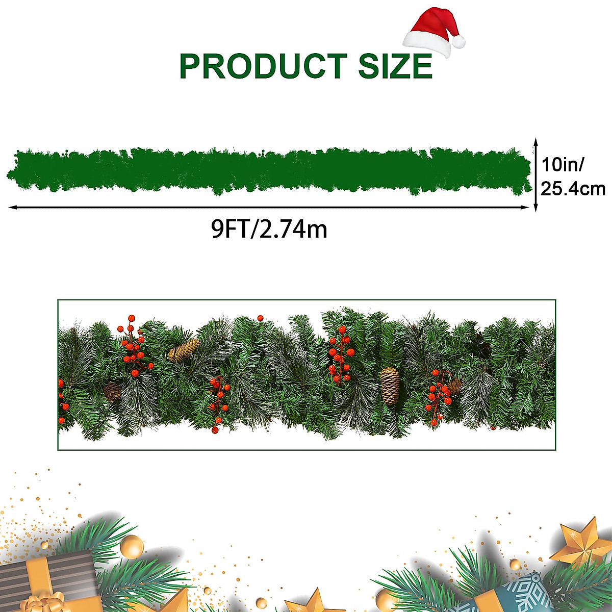 9FT Christmas Garland Decoration with 50 Warm Led Lights,Pre-Lit Lighted Christmas Garland Decorated with Pine Cones for Xmas Stairs Fireplaces