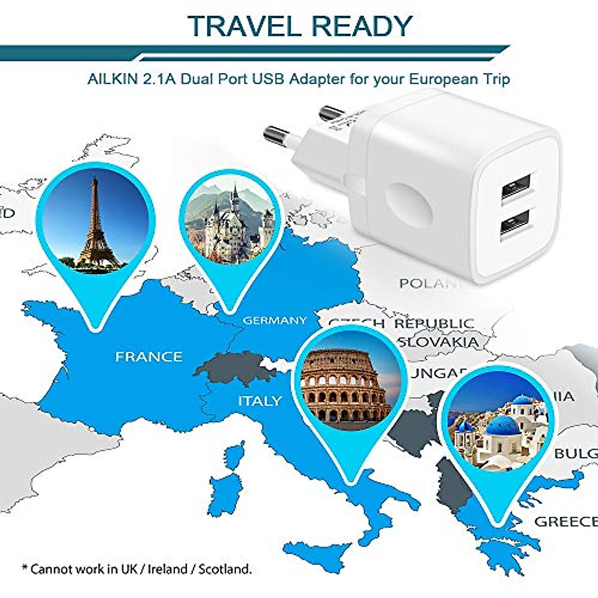 European Travel Plug Block, Wall Charger Power Adapter for Europe Adaptor, 2.1A Dual Port USB Cube Fast Charging Box Base Brick for iPhone 13 Pro Max 12 11 XR XS X/8/7, US American to Europe Converter