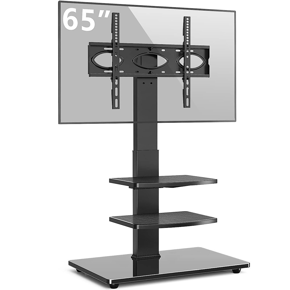 Rfiver Swivel Floor TV Stand with VESA Mount for 32 39 40 43 49 50 55 60 65 70 Inch Flat Screens/Curved TVs, 3-Shelf Tall Narrow TV Stand with Tempered Glass Base, Black Height Adjustable Mount Stand