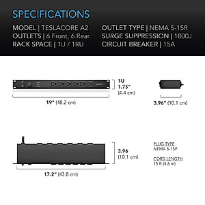 AC Infinity TESLACORE A2, Rackmount PDU with Surge Protector, 15A Circuit Breaker, 6 Front and 6 Rear Rear Outlets, 15ft Power Cord, for AV Equipment
