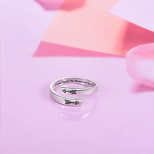 925 Sterling Silver Inspirational Ring Adjustable Rings Personality Encouragement Jewelry Gifts for Women(Design 2: I Love You To The Moon And Back)