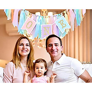 Rainbow High Chair Banner for 1st Birthday - Baby Girl Rainbow Smash Cake for Photo Props, First Birthday Photo Background, Macarons Color Ribbon (Rainbow High Chair Banner)